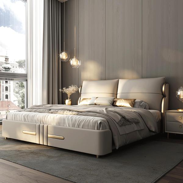 商品名:  HONGYISHI Queen Size Genuine Leather Wood Bed Upholstered Platform Bed Frame with Headboard and Drawers Strong Woo...