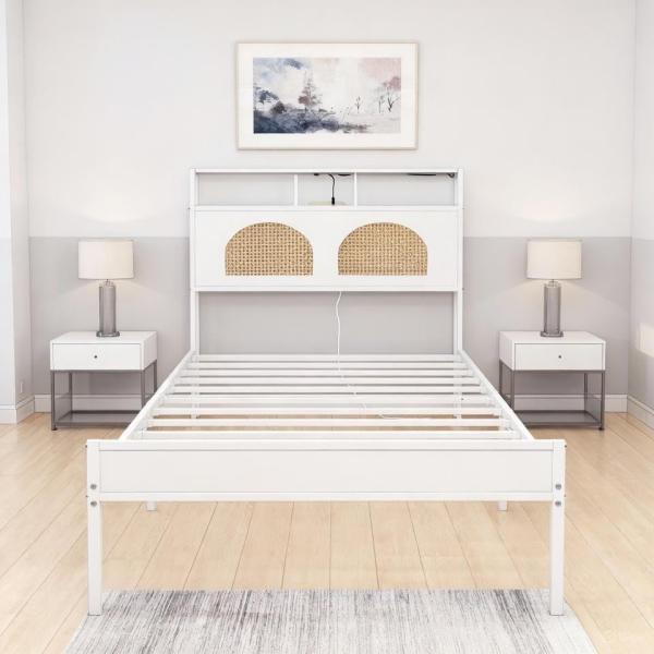 商品名:  Suwopmvy Twin Bed Frame with Rattan Headboard and Charging Station, Platform Bed with Power Outlets &amp; USB Port...