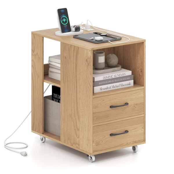 商品名:  LOKO End Table with Charging Station, Modern Nightstand with Lockable Wheels, Magazine Holder &amp; Open Shelf, Ro...