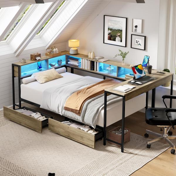 商品名:  FUvellamo Twin Corner Bed Frame with Bookcase and 2 Storage Drawers, Modern Metal Platform Corner Bed Frame with C...