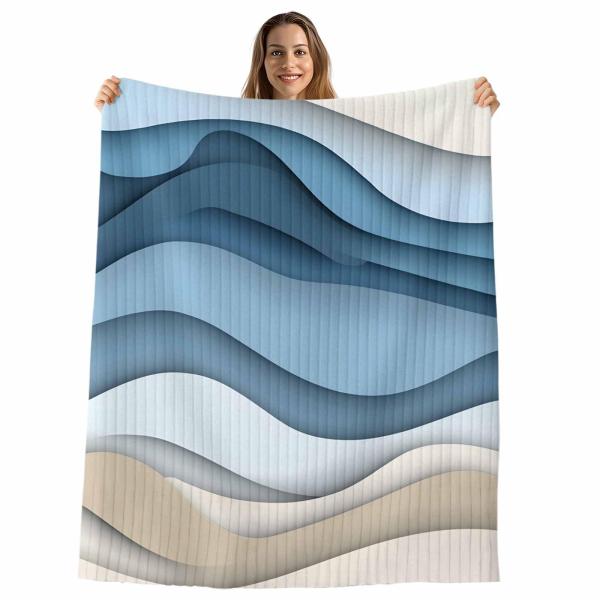 商品名:  Blue Beige Ombre Throw Blanket, Modern Abstract Moire Art Geometric Fluffy Soft Blankets for Couch Bed Travel, Plu...