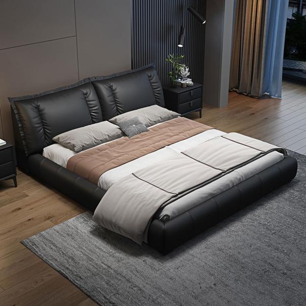 商品名:  LSIGHTUS Black Queen Size Genuine Leather Wood Bed Upholstered Platform Bed Frame with Wingback Headboard Wooden S...