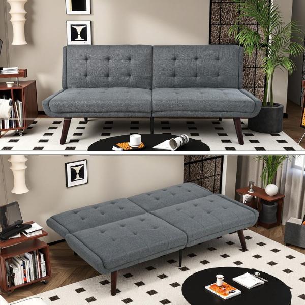 商品名:  Ochangqi Grey Convertible Futon Sofa Bed, 63" Mini Small Couch Sleeper Couches, Comfy Linen Fabric Foldable 2-Seat...