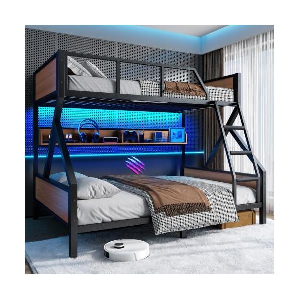 商品名:  Bellemave Full XL Over Queen Bunk Bed with Storage Shelves and LED Lights, Metal Queen Bunk Beds Frame for Kid Tee...