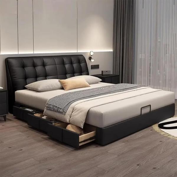 商品名:  LSIGHTUS Black Queen Size Genuine Leather Wood Bed Upholstered Platform Bed Frame with Headboard and Drawers Woode...