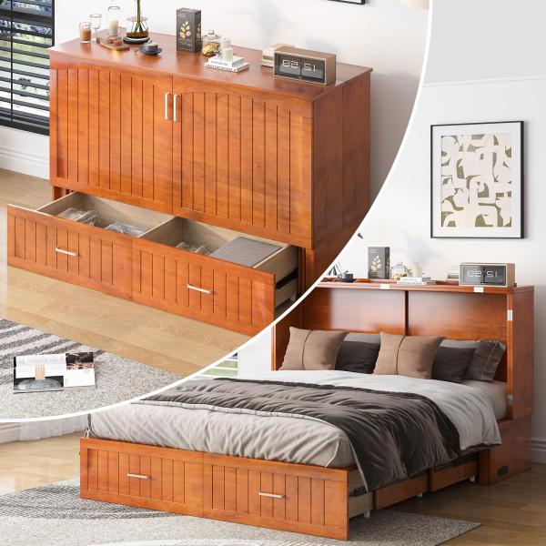 商品名:  BALUS Queen Murphy Bed, Wall Cabinet Bed with USB Charging Station and Tri-Folding Foam Mattress, Foldable Murphy ...