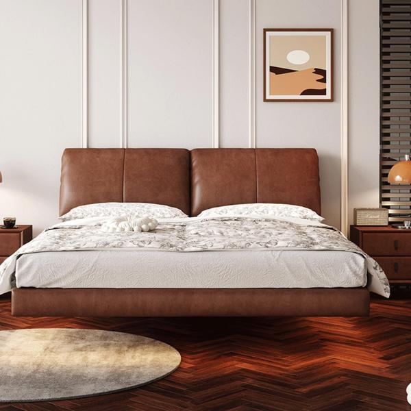 商品名:  LSIGHTUS Brown Modern Queen Size Genuine Leather Wood Bed Upholstered Platform Bed Frame with Wingback Headboard W...