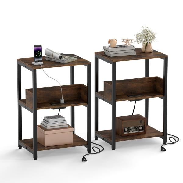 商品名:  Giantex Side Table with Charging Station Set of 2, Industrial 3-Tier Bedside Table w/Open Storage Shelves, Sofa En...