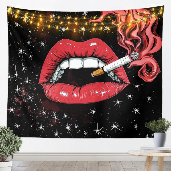 商品名:  Homewish Red Lips Pattern Tapestry,Foggy Smoke Woman Wall Hanging Art Black White Starry Sky Wall Blankets Trippy ...
