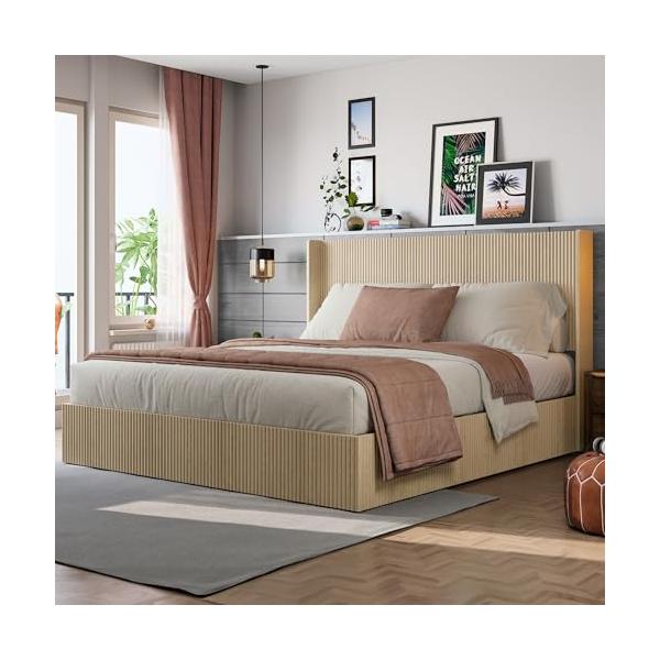 商品名:  Yuanzaifeng King Size Oak-Finished Concave Undulating Storage Bed Frame with Pneumatic Lifting, Noise-Free, Spacio...