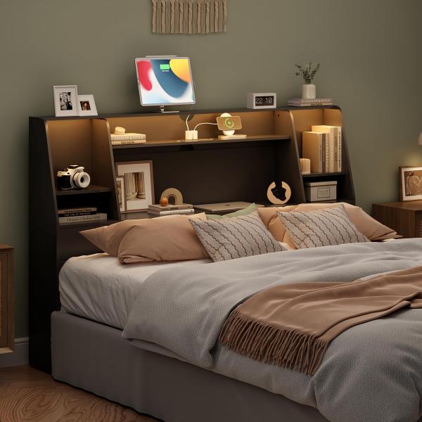 商品名:  AYEASY Headboard Queen Size with Storage, Wood Bookcase Headboards with Charging Station &amp; 2 LED Lights, Moder...