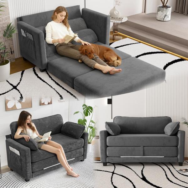 商品名:  ZHCREAL 2 in 1 Convertible Sofa Bed, 51" Pull Out Loveseat Couch, Small Sleeper with 2 Pillows and Side Storage, F...