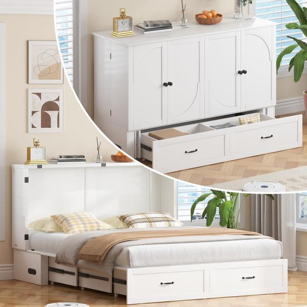 商品名:  BALUS Murphy Cabinet Bed, Queen Size Cube Cabinet Beds with 2 Large Storage Drawers, Hidden Murphy Chest Bed Cabin...