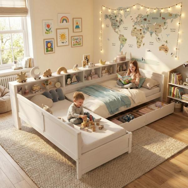 商品名:  MoproBeti L Shaped Twin Beds for 2 Kids with 3 Drawers and Bookshelf, Wood Twin Corner Bed Frame with Storage, Spa...
