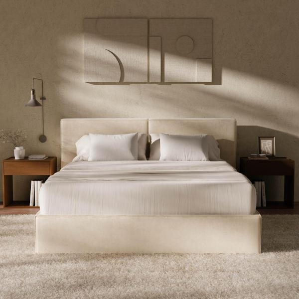 商品名:  RECCI Queen Platform Bed Frame with Plush Upholstered Headboard 6-Inch, Easy Assembly, Noise-Free Stability (Beige...