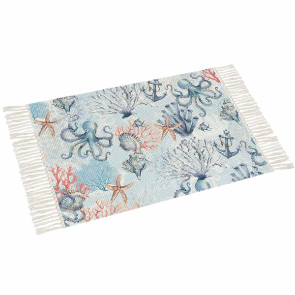 商品名:  Blue Ocean Bedroom Rug 4'x6', Washable Woven Cotton Area Rug with Tassels, Summer Coastal Beach Nautical Octopus C...