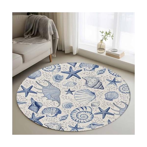商品名:  Navy Blue Coastal Round Area Rug 3 FT,Small Kitchen Bathroom Mat,Nautical Ocean Shell Starfish Sea Rustic Washable...