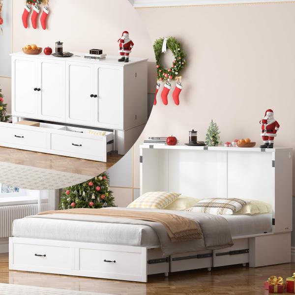 商品名:  BALUS Queen Size Murphy Bed Cabinet with Mattress Included, Convertible Cabinet Bed with Storage Drawer &amp; Buil...