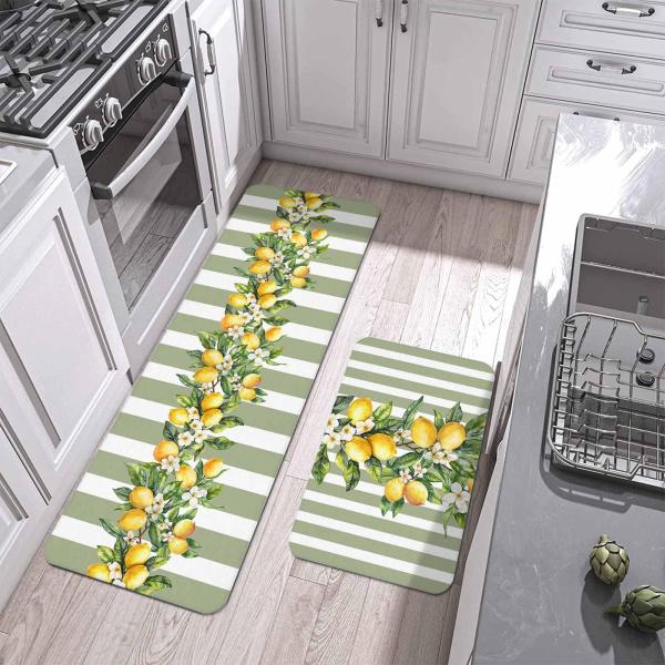 商品名:  Kitchen Rugs and Mats Set 2 Piece Summer Lemon Sage Green Stripes,Non Slip Doormat Water Absorbent Area Rug, Water...