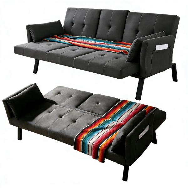 商品名:  ODOLAR 70" Futon Sofa with Cupholders,Adjustable Backrest Cotton Linen with Cup Holders and 2 Throw Pillows Sleepe...