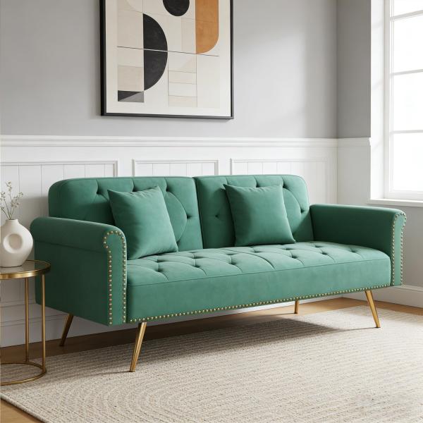 商品名: ODOLAR スタイリッシュ ベルベットソファ 70インチ ソファー スリーパー コンバーチブル お揃いの枕付き リビングルーム アパート 小さなスペースに (グリーン) ODOLAR Stylish Velvet Sofa 70...