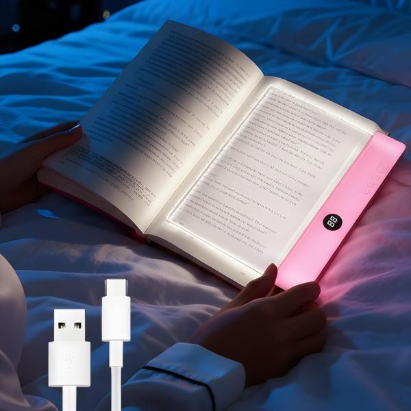 商品名: ブックライト 充電式クリアLEDフラットブックライト 夜のベッドでの読書用 3色とタイマー付き 調光可能なパネルプレートブックランプ フルページライト(ピンク) Book Light, Rechargeable Clear LED...