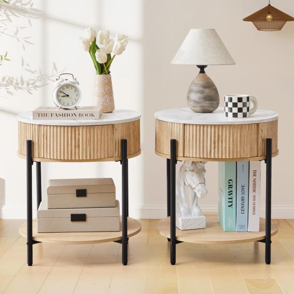 商品名:  Night Stand Set of 2, Bed Side Table with Drawer, Wooden Nightstands with Open Shelf and Metal Legs, 2-Tier Round ...
