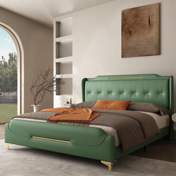 商品名:  Queen Size Upholstered Platform Bed Frame with Golden Iron Metal Decor, Faux Leather Modeen BedFrame w/Metal Legs ...
