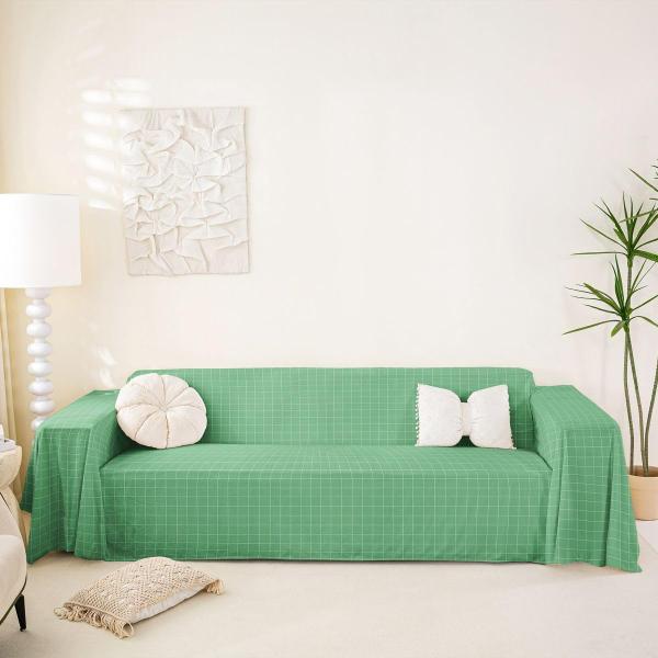 商品名:  jejeloiu Mint Green Plaid Couch Cover for 3 Cushion Sofa Buffalo Grid Checkered Anti Slip Sofa Slipcover White Lin...