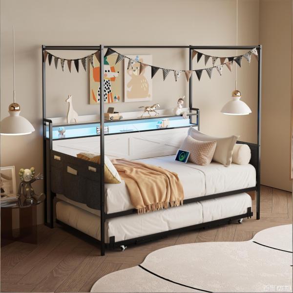 商品名:  Duxelifin Twin Size Metal DayBed with Roof Design and Trundle，Montessori Day Bed with LED Light and Charging Stati...