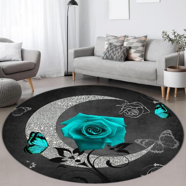 商品名:  Turquoise Rose Flower Butterfly Round Area Rugs Valentine's Day Rustic Blue Green Floral Plant Black Gray Modern C...