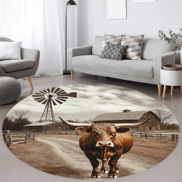 商品名:  Highland Cow Western Round Area Rugs Longhorn Bull Rustic Windmill Cattle Farm Animal Wildlife Country Farmhouse V...