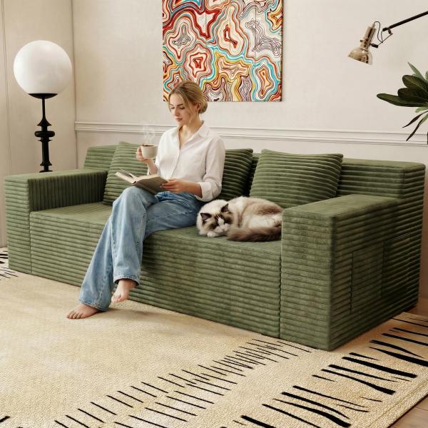 商品名: 71インチの小さなソファ、小さなスペース用、メモリーフォームクラウドラブシートコーデュロイソファ、ボックス入り、圧縮骨なしソファ、リビングルーム、ベッドルーム、アパート家具、組み立て不要、グリーン 71" Small Couche...