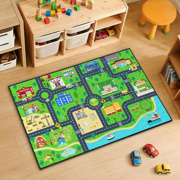 商品名: Kids City Road Rug 2×3フィート - ロードマップ 車 トラック プレイマット おもちゃ 車 教育 交通学習ラグ ソフトショートパイルカーペット TPR滑り止めバッキング プレイルーム 教室 保育園 Road ...