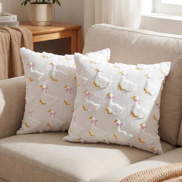 商品名:  CrystalSylara 2 Set Goose Pillow Covers 18 x 18 Inch Pink Bow Silly Goose Decorations 3D Jacquard Throw Pillow Cov...