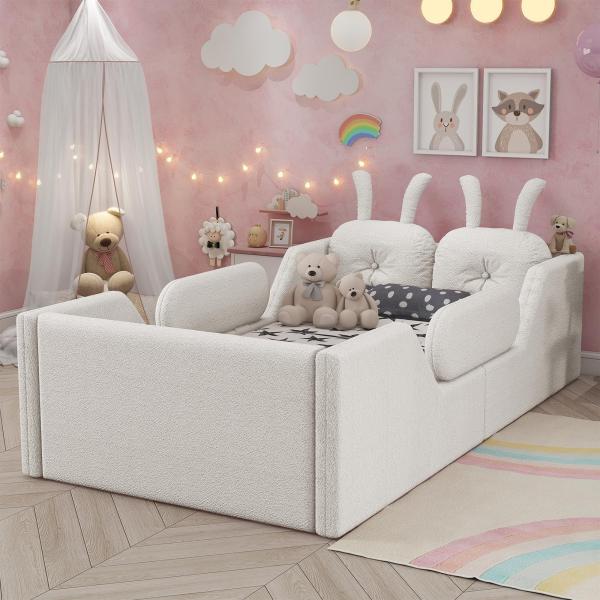商品名:  Twin Size Kids Bed with Rabbit Cushions, Upholstered Boucle Fabric Platform Floor Twin Daybed with Removable Side ...