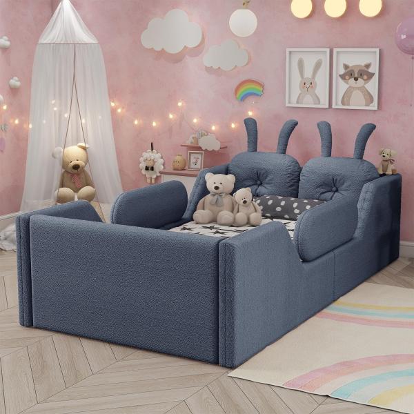 商品名:  Twin Size Kids Bed with Rabbit Cushions, Upholstered Boucle Fabric Platform Floor Twin Daybed with Removable Side ...