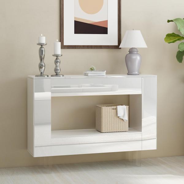 商品名: Vavkorkula 高光沢コンソールテーブル サイド隠し収納キャビネット付き 調節可能な棚 モダンな玄関ソファテーブル ソファの後ろ リビングルーム 廊下 ホワイト Vavkorkula High Gloss Console T...