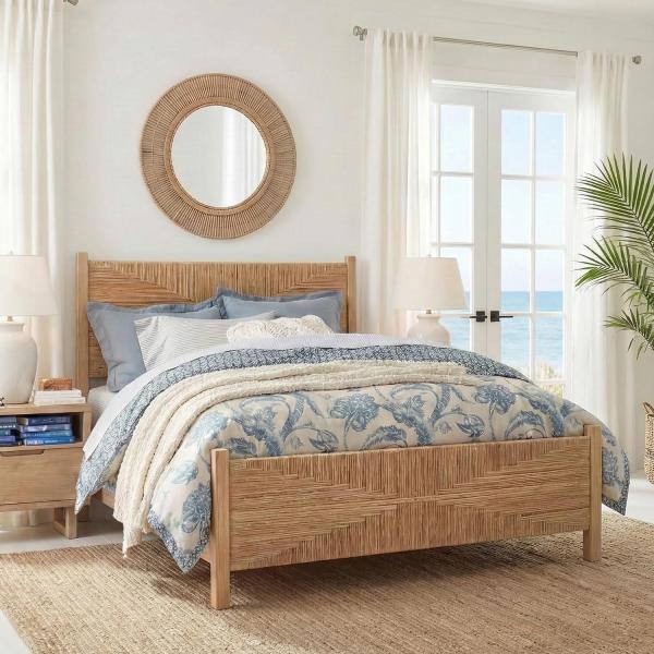 商品名: Brafab キングサイズ ラタンベッドフレーム ボーホーベッドフレーム 手編みウィッカーヘッドボード&amp;フットボード付き 無垢材の支柱と足付き メタルスラット ボックススプリング不要 ナチュラルオーク Brafab Kin...