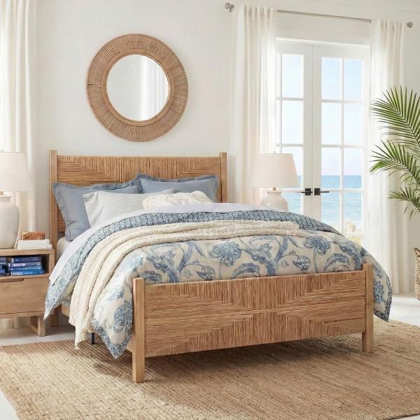 商品名: Brafab (ブラファブ) クイーンサイズ ラタンベッドフレーム ボヘミアンベッドフレーム 手織りの籐製ヘッドボード&amp;フットボード付き 無垢材の支柱と足付き メタルスラット ボックススプリング不要 ナチュラルオーク Br...