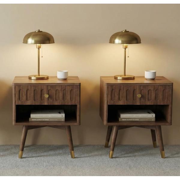 商品名:  IRONCK Nightstand with Charging Station, Fluted Night Stand Set of 2，Bed Side Table with Drawer，Open Shelf and Stu...