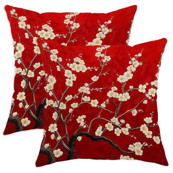 商品名:  Spring Cherry Flower Pillow Covers Set of 2, Chinese Style Elegant Red Blossom Throw Pillow Cases, Printed Summer ...