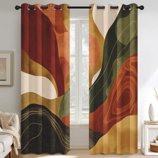 商品名:  Mid Century Modern Curtains Blackout &amp; Home Decor, Bohemian Curtains Bedroom Living Room Decor, Abstract Mount...