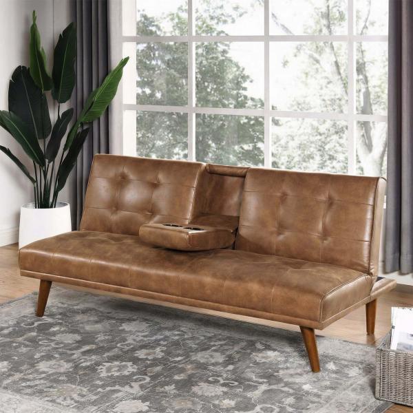 商品名:  Anwick 66" Futon Sofa Bed with Cup Holders, Modern Brown Leather Loveseat for Living Room, Convertible 2 Seater Sl...