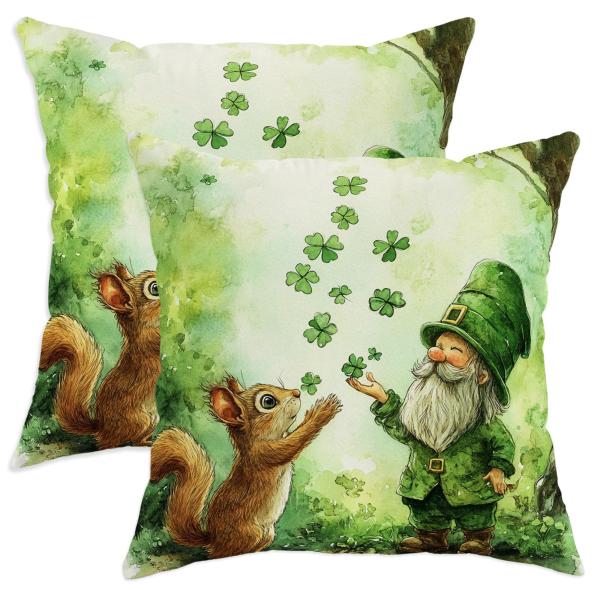 商品名:  St Patricks Day Squirrel Throw Pillow Covers 18x18 Set of 2, Soft Comfy Clover Gnomes Pillow Cases Kit, Animal Vel...