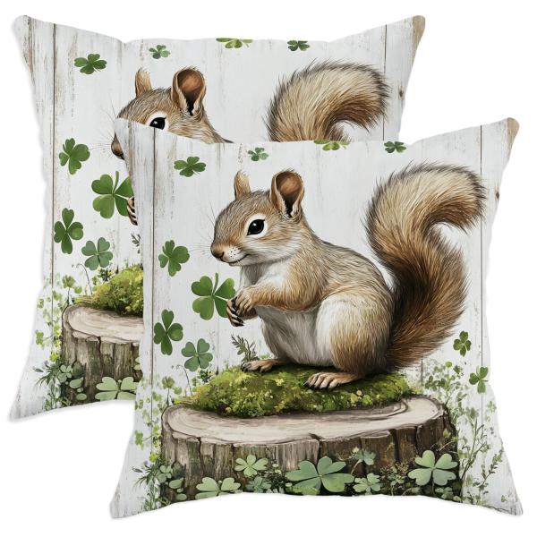 商品名:  St Patricks Day Squirrel Throw Pillow Covers 18x18 Set of 2, Soft Clover Wood Pillow Cases Kit with Zipper, Animal...