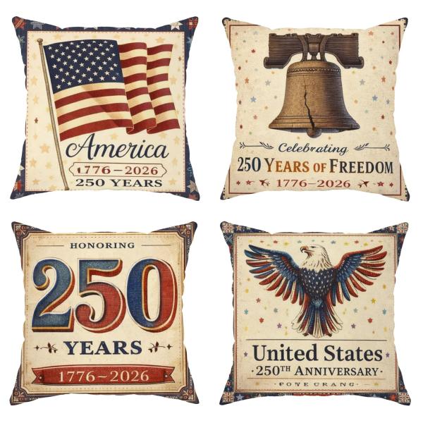 商品名:  Flag Throw Pillow Covers Set of 4, Patriotic Vintage Eagle Bell Independence Day Red Soft Velvet Washable Accents ...