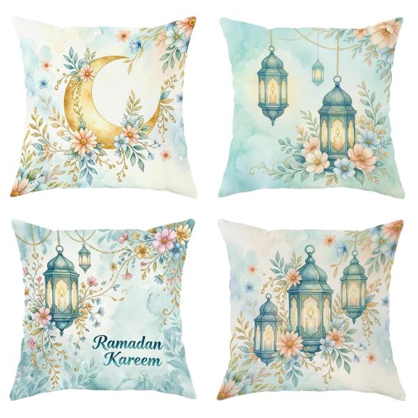 商品名:  Moon Throw Pillow Covers Set of 4, Ramadan Floral Lantern Flower Ramadan Turquoise Soft Velvet Washable Pattern Pi...