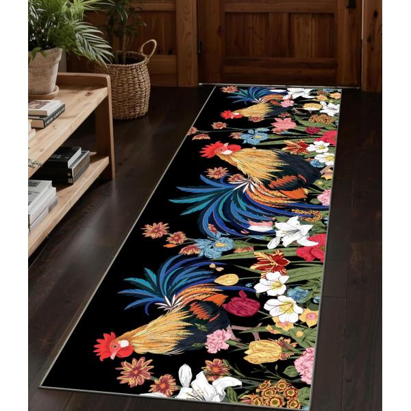 商品名:  Rooster Kitchen Rug, 2x7ft Vintage Watercolor Floral Rug, Washable Rooster Colorful Flower Hallway Runner, Black L...