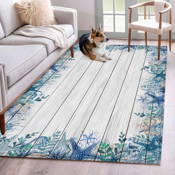 商品名:  Summer Blue Ocean Area Rugs 3x5 ft Nautical Sea Corals Shells Starfish Seaweed Wood Grain Washable Rug Non Slip In...